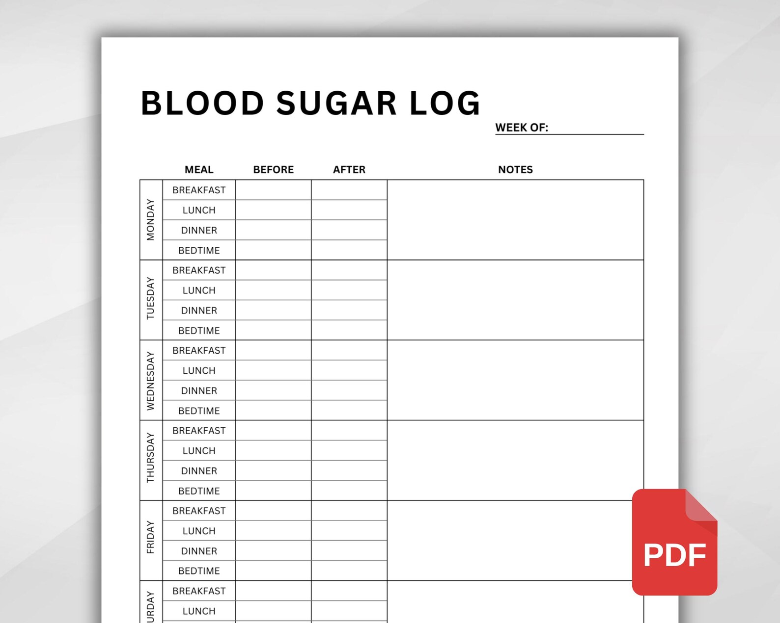 Blood Sugar Tracker Printable PDF, Blood Glucose Log, Weekly Diabetic ...