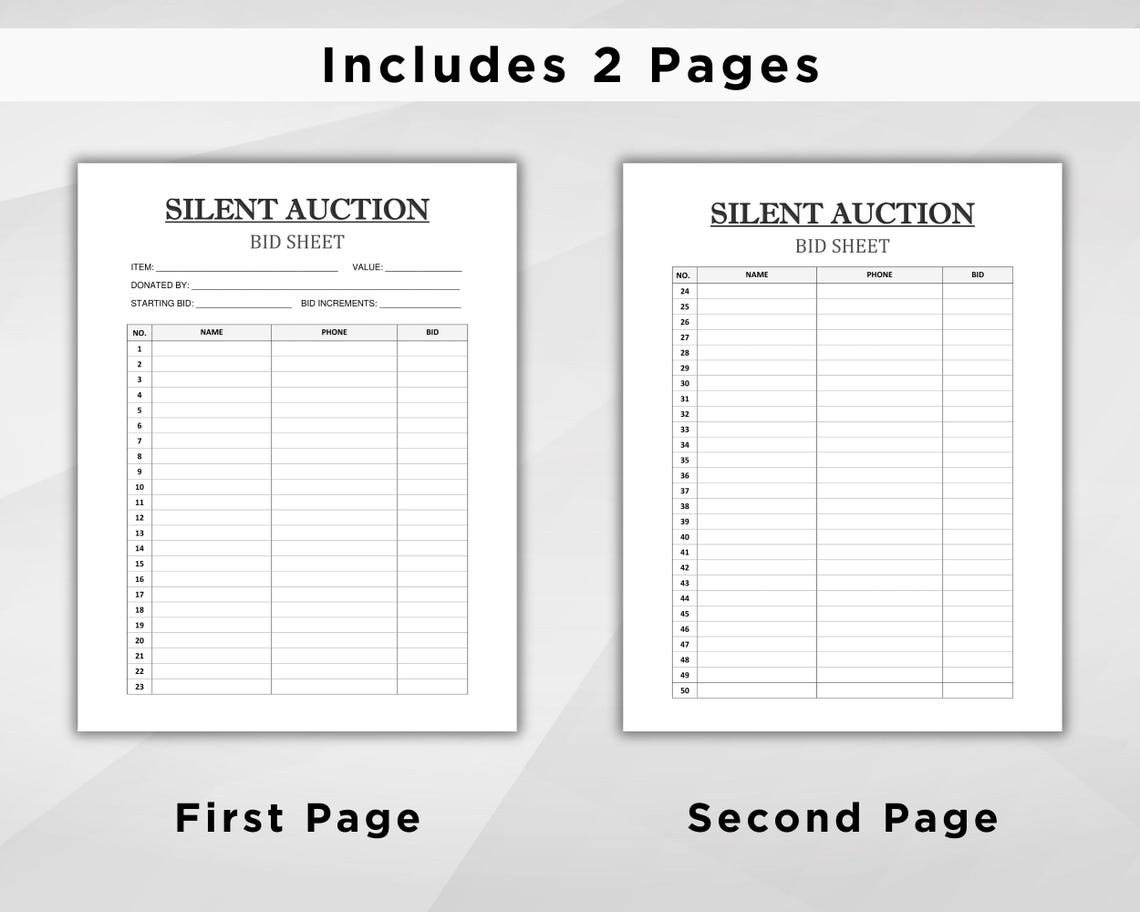 Printable Silent Auction Bid Sheet Silent Auction Sign up Sheet ...