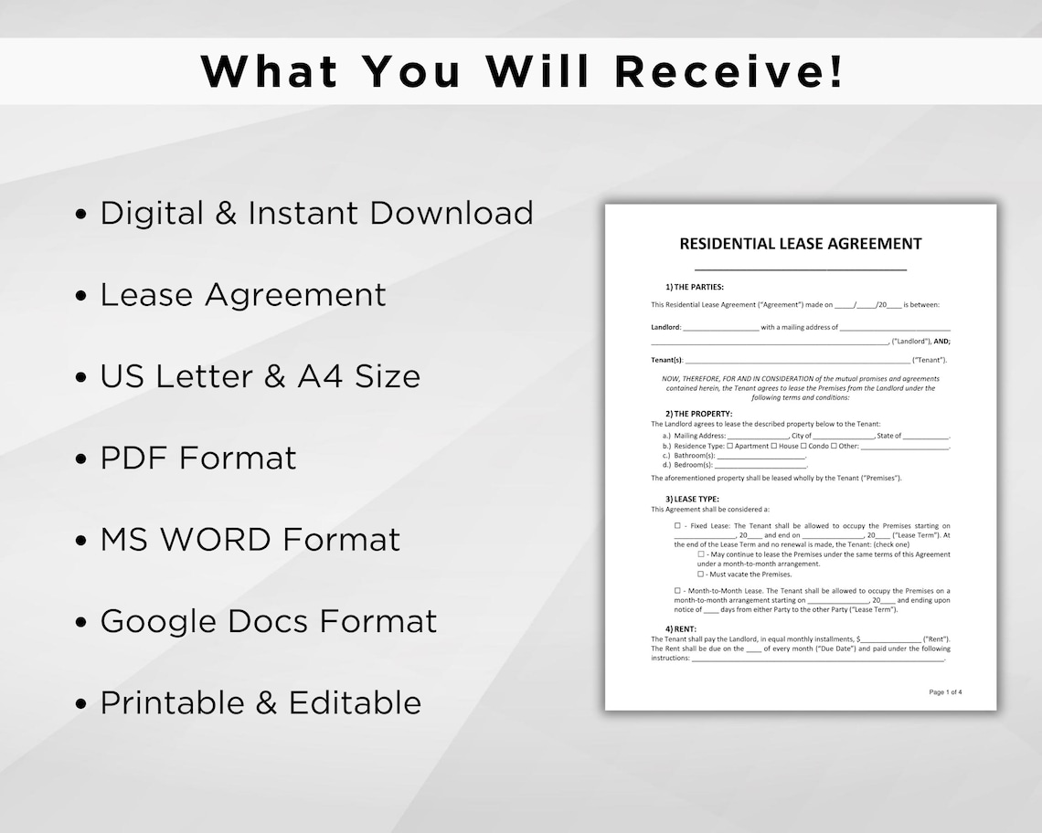 Printable Lease Agreement. Rental Agreement Template. Residential ...