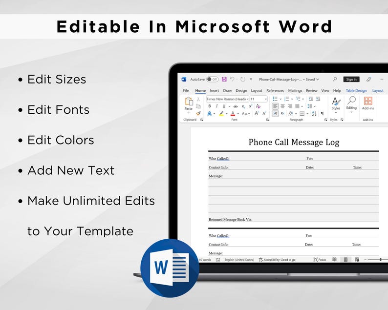 Phone Call Log Printable PDF. Telephone Message Log for Office ...