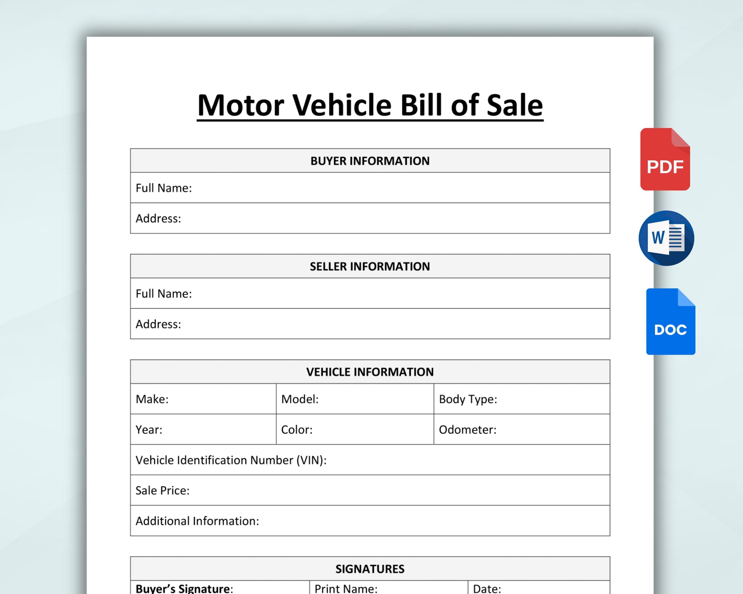 Editable Motor Vehicle Bill of Sale. Car Sale Form. Bill of Sale ...