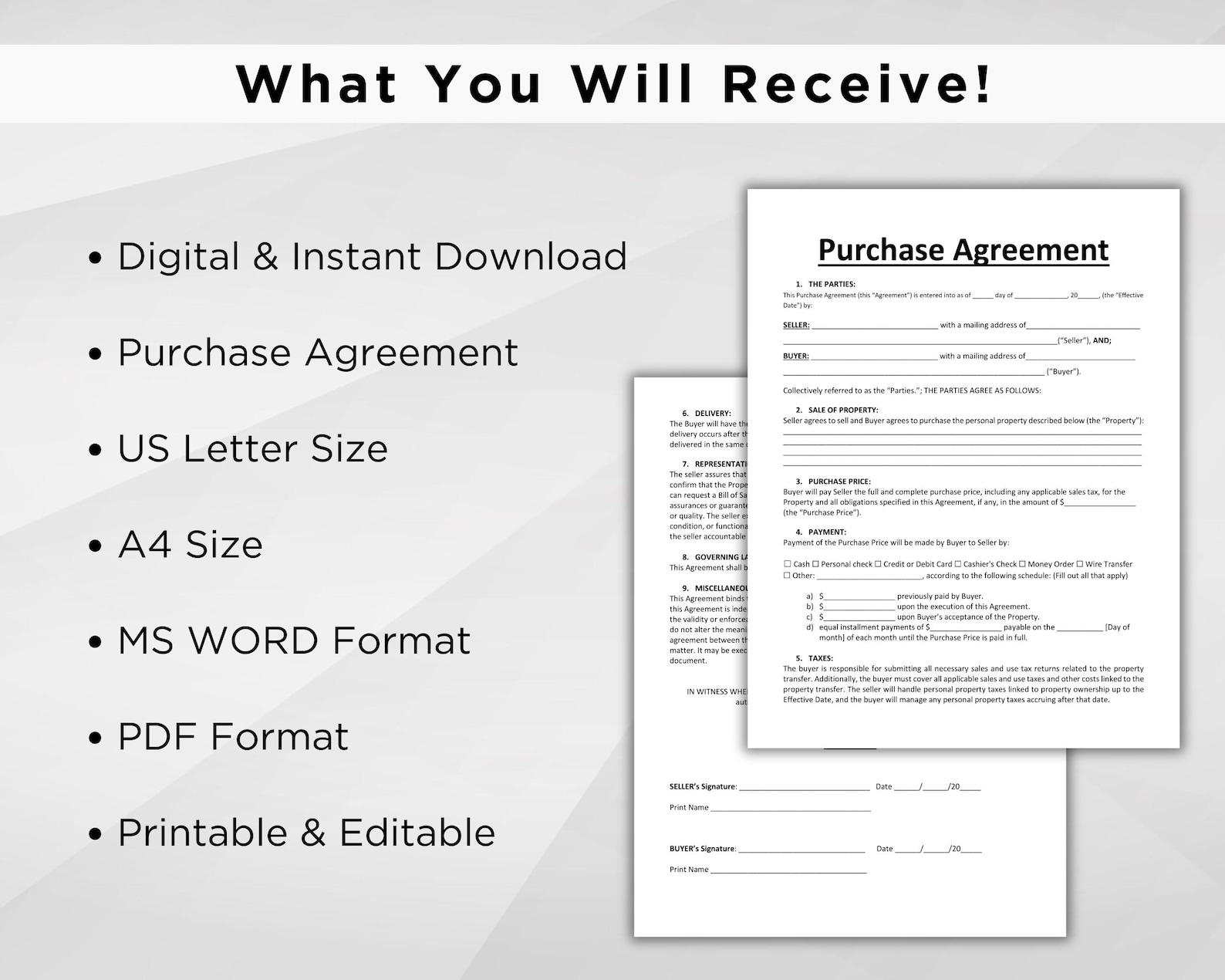 Printable Purchase Agreement Template. Editable Purchase and Sale ...