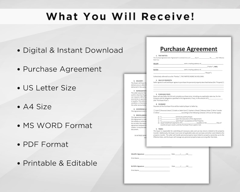 Printable Purchase Agreement Template. Editable Purchase and Sale ...