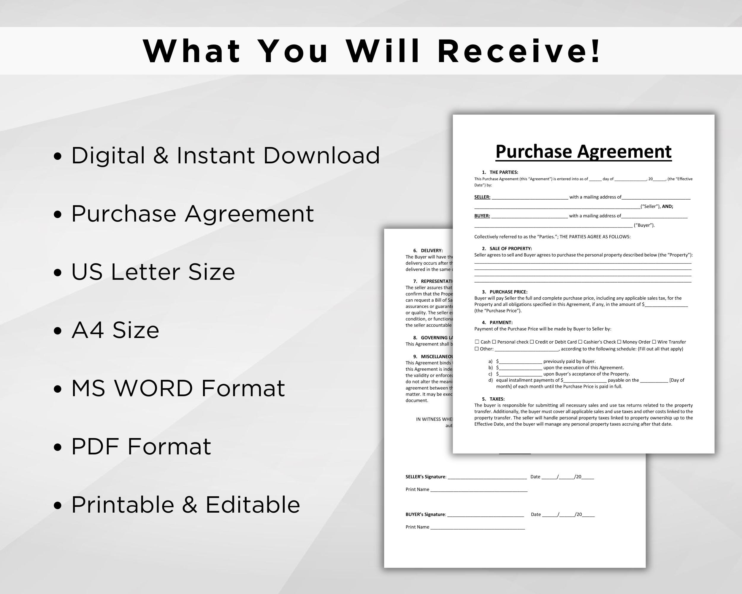 Printable Purchase Agreement Template. Editable Purchase and Sale ...
