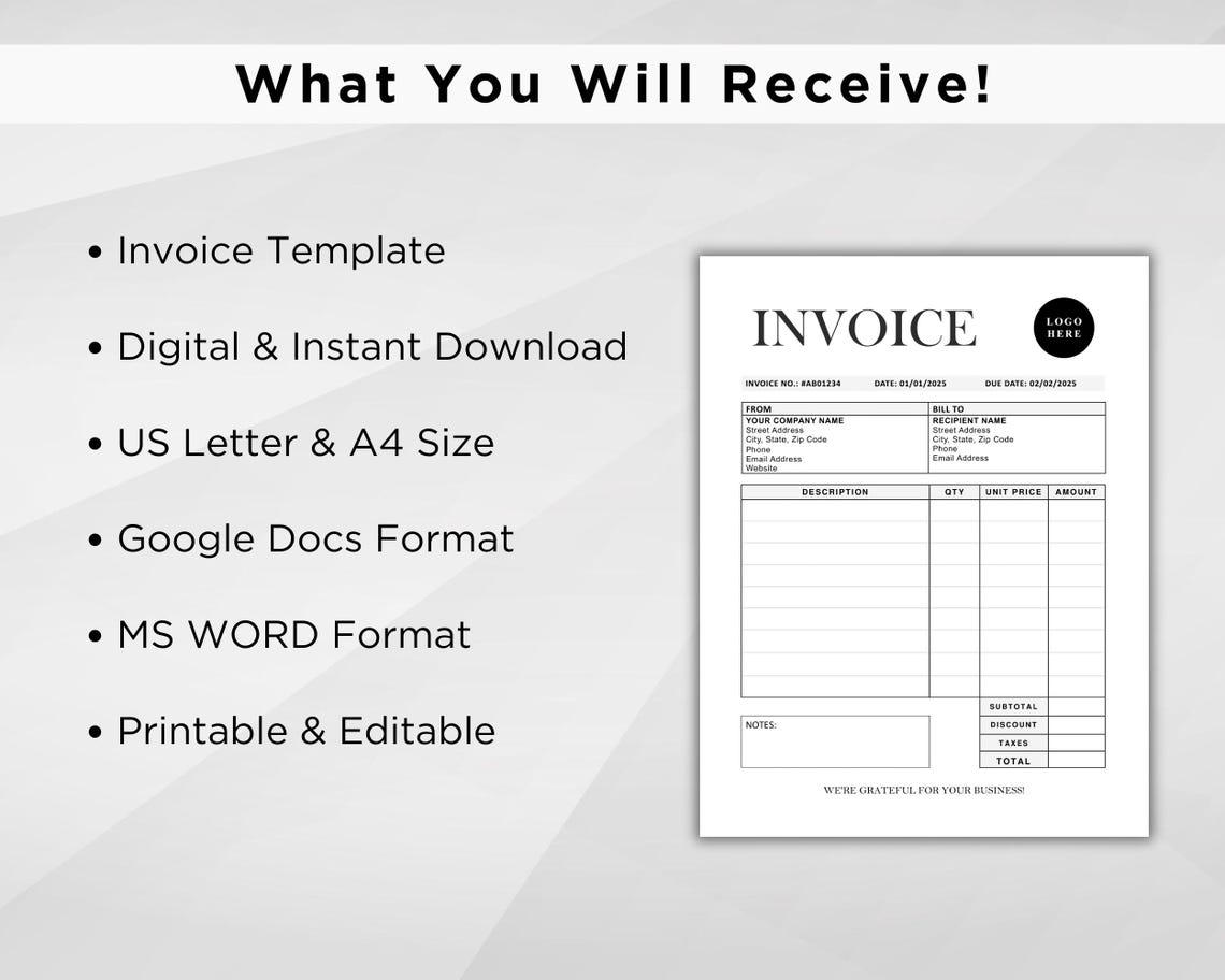 Invoice Template. Business Invoice. Invoice Word. Custom Invoice ...