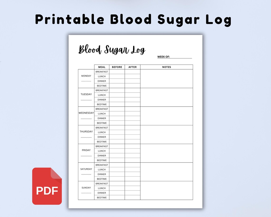 Blood Sugar Log Printable, Blood Glucose Tracker, Diabetes Journal ...