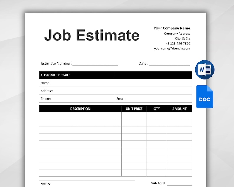 Editable Job Estimate Template. Printable Job Estimate Form Small ...