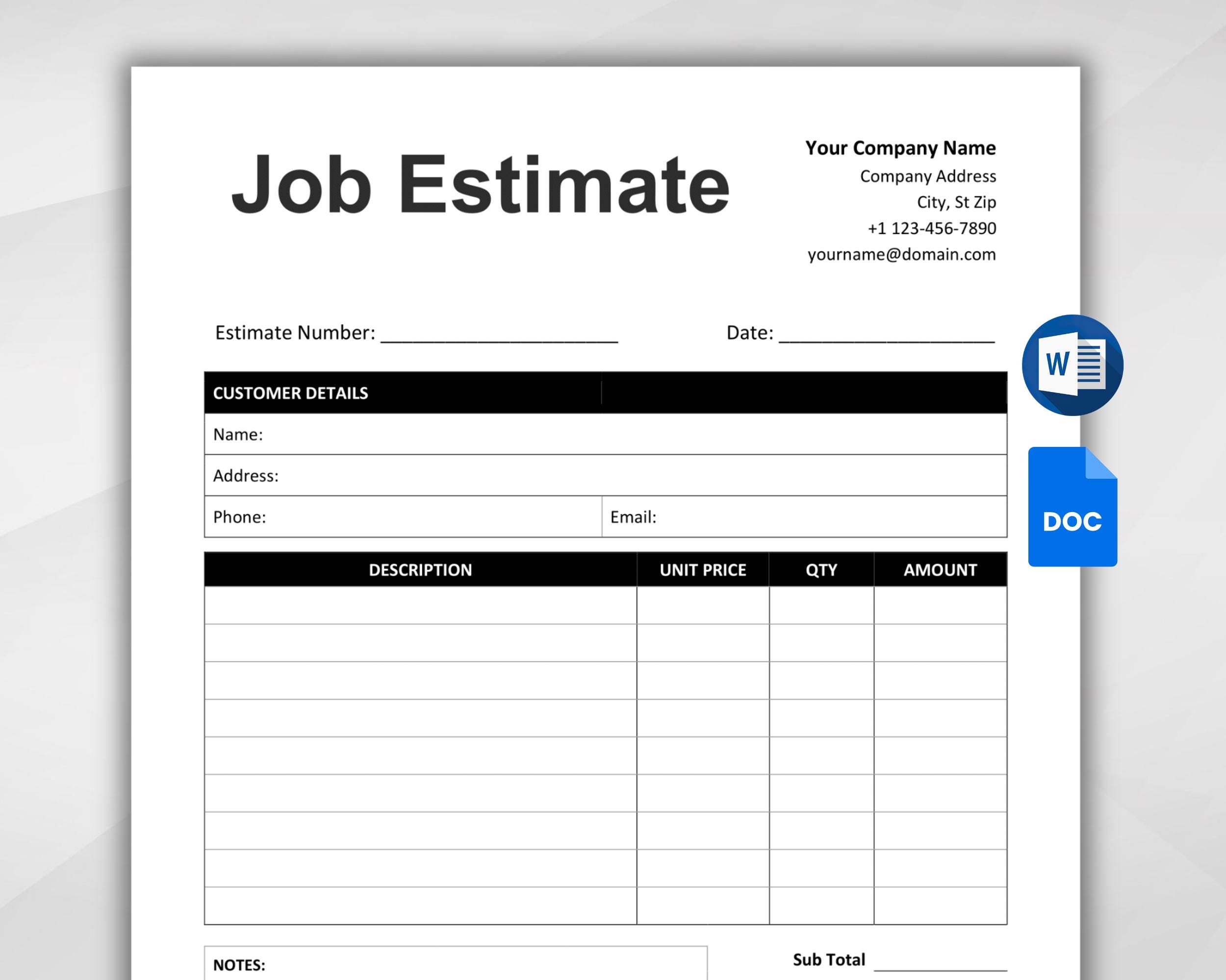 Editable Job Estimate Template. Printable Job Estimate Form Small ...