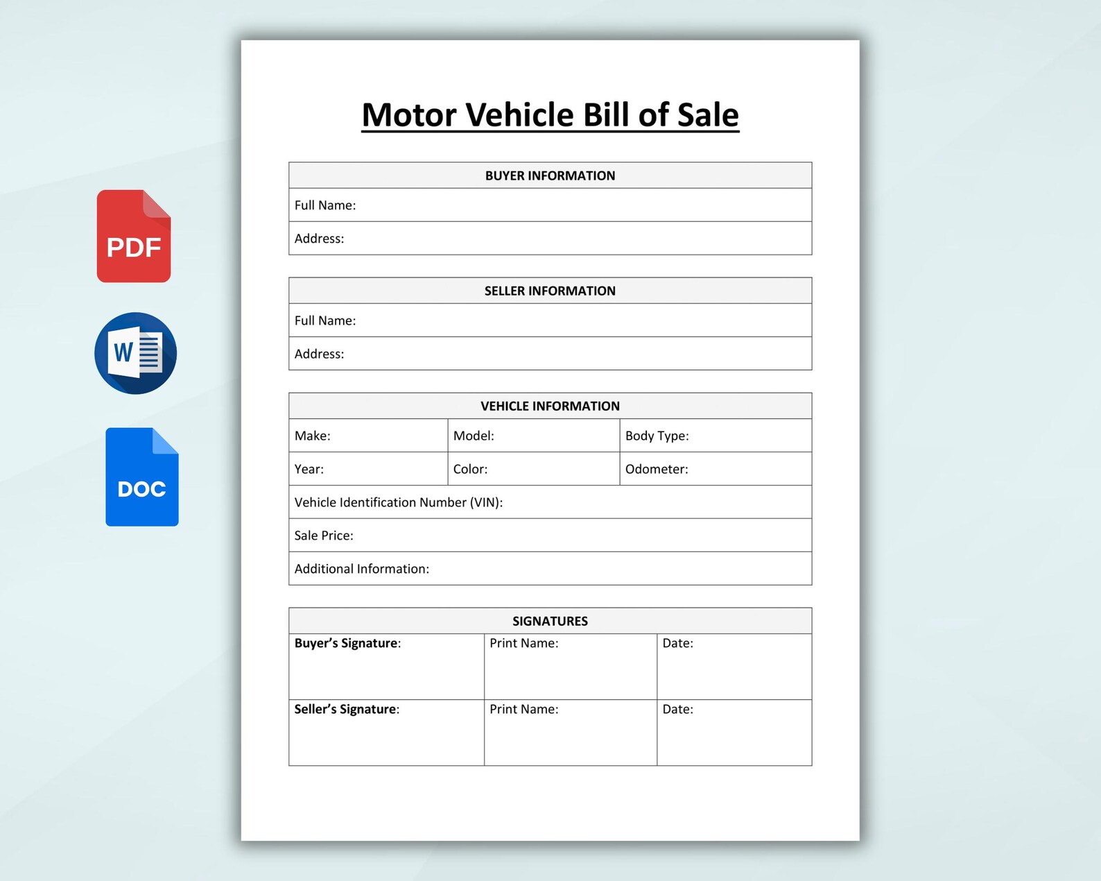 Editable Motor Vehicle Bill of Sale. Car Sale Form. Bill of Sale ...