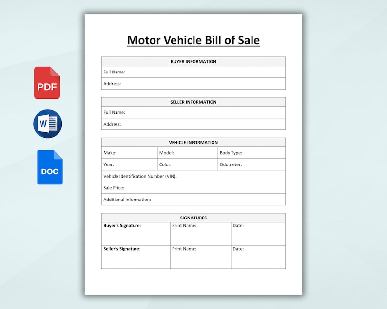 Editable Motor Vehicle Bill of Sale. Car Sale Form. Bill of Sale ...