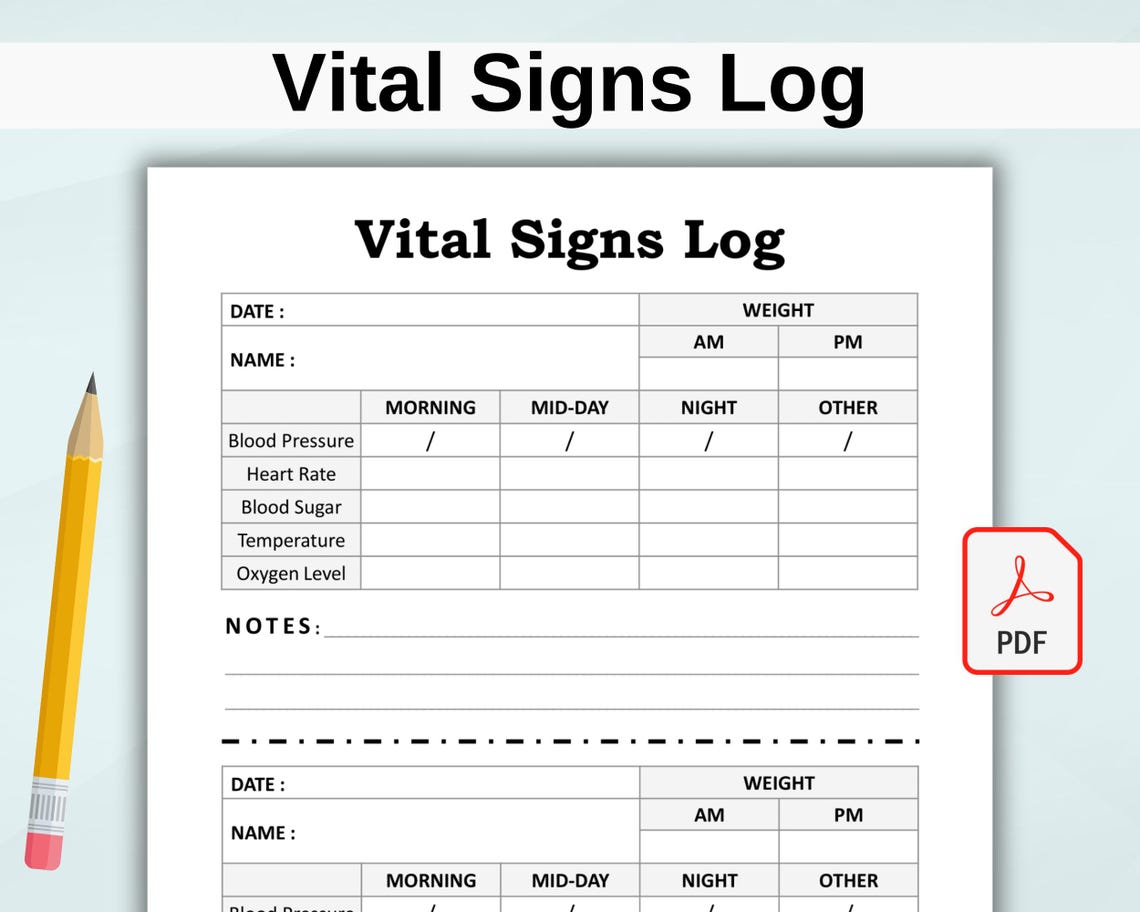 Vital Signs Log. Daily Vital Signs Tracker for Nurse. Vital Sign Sheet. Vital Signs Template ...