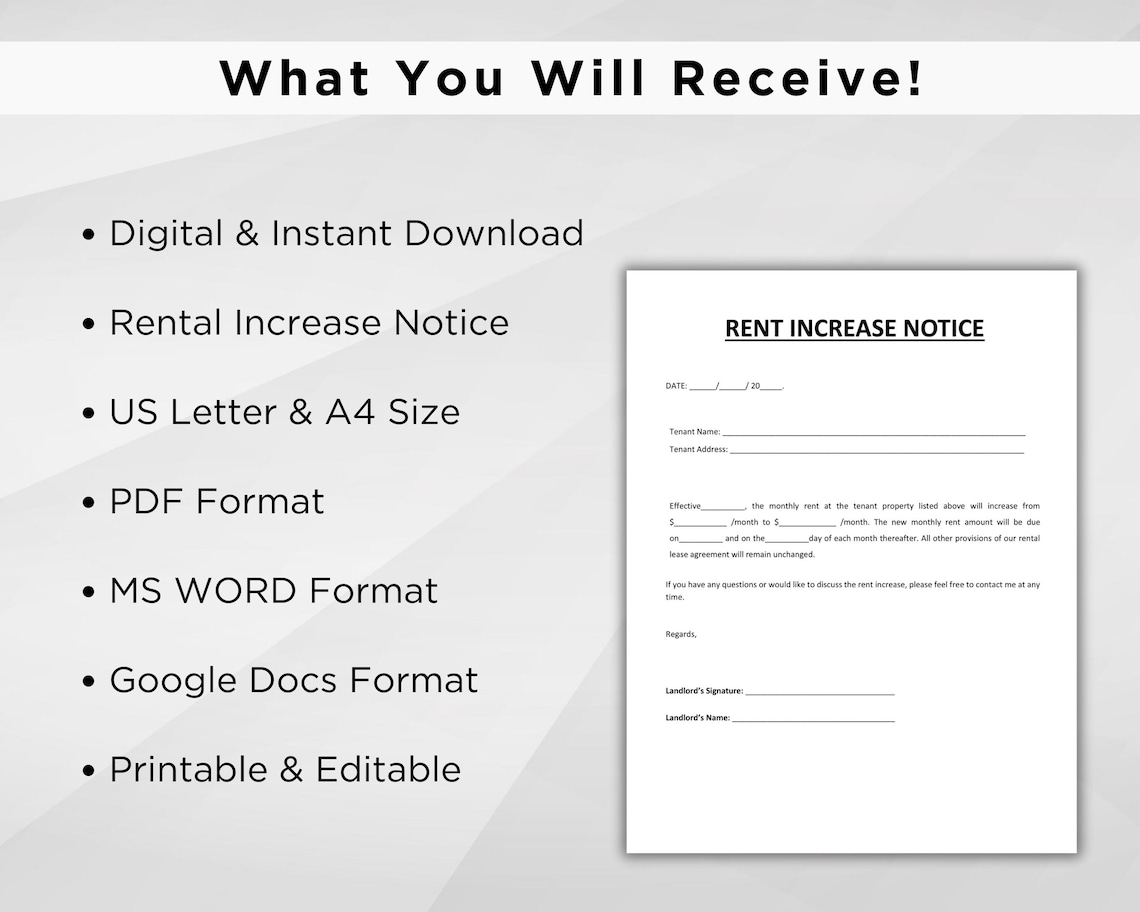 Printable Rental Increase Notice. Rental Increase Form. Rental Increase ...