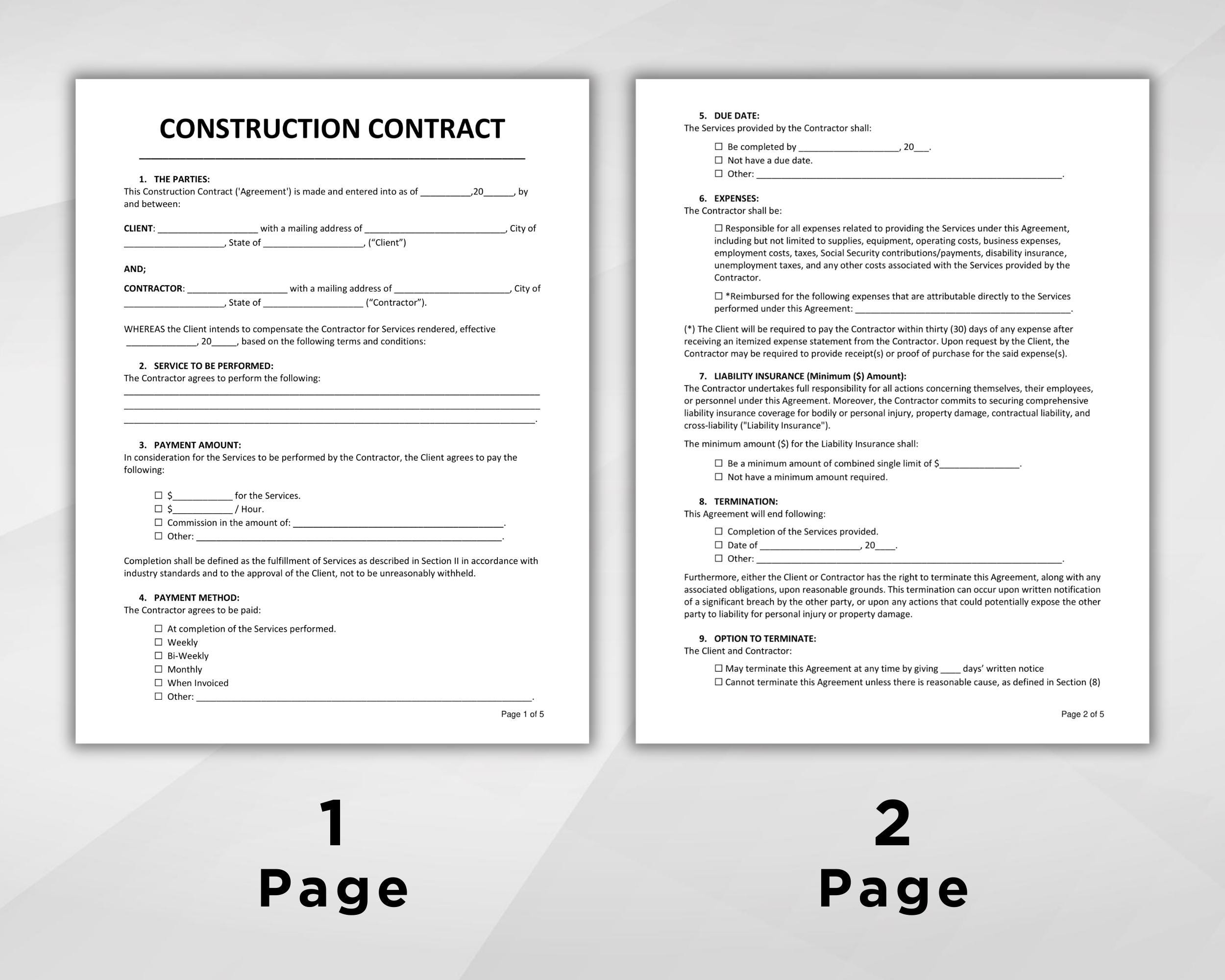 Construction Contract Form. Editable Construction Agreement Template ...