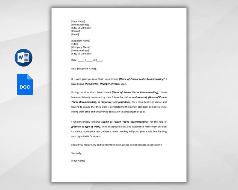 Personal Reference Letter Template. Printable Letter of Recommendation ...