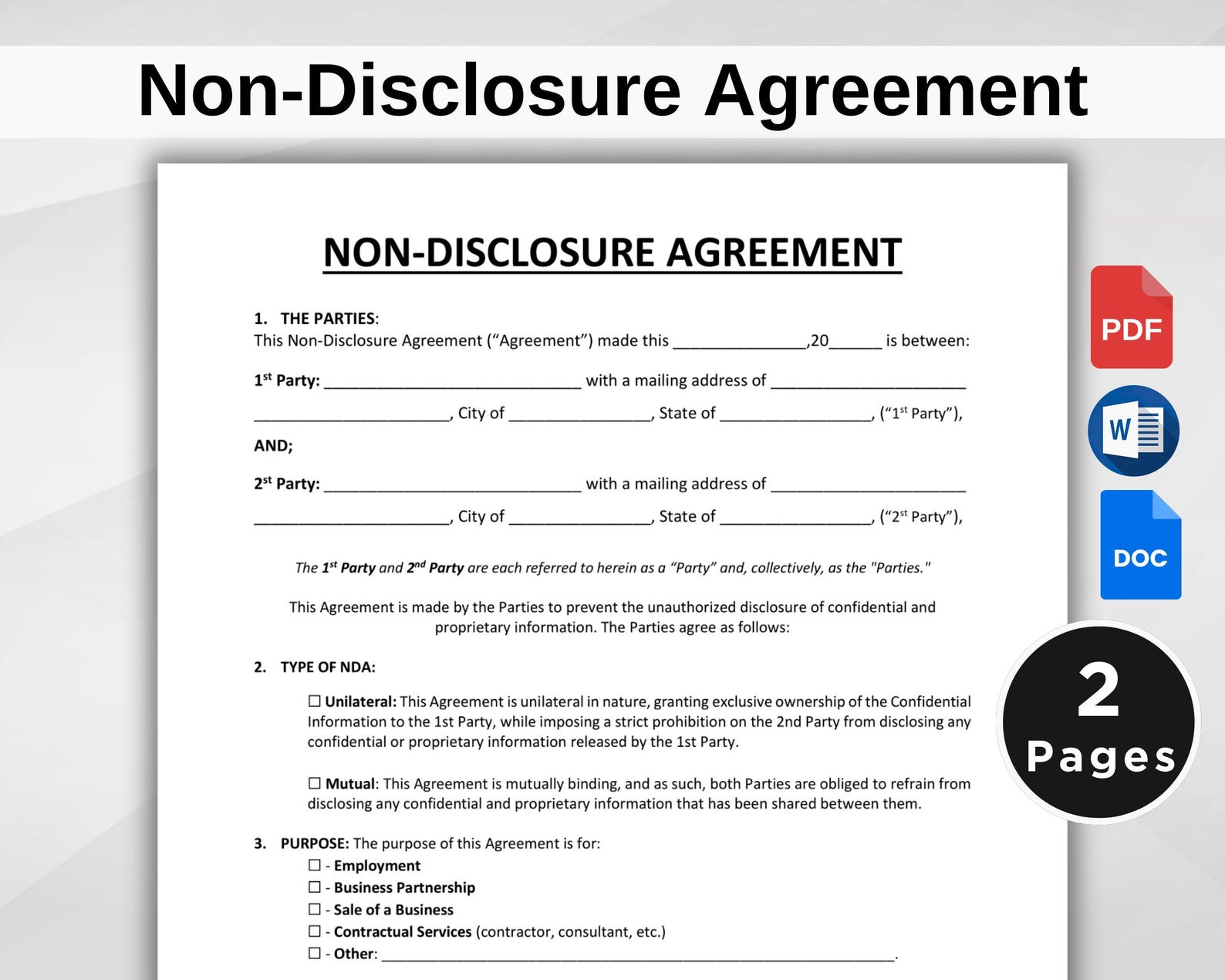 Non-disclosure Agreement Template. NDA Forms. Confidential Disclosure ...