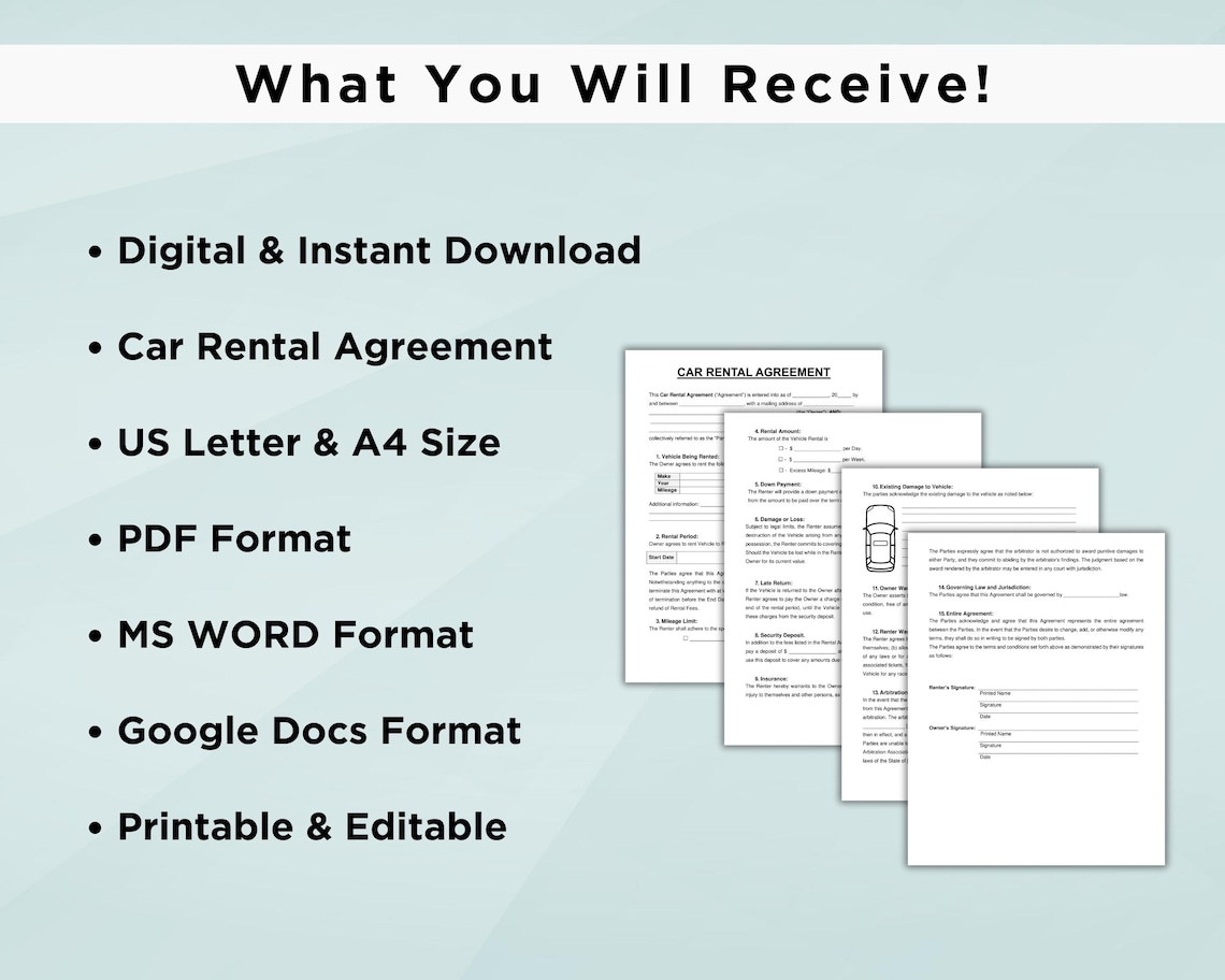 Car Rental Agreement Templates. Car Rental Contract. Printable Vehicle ...