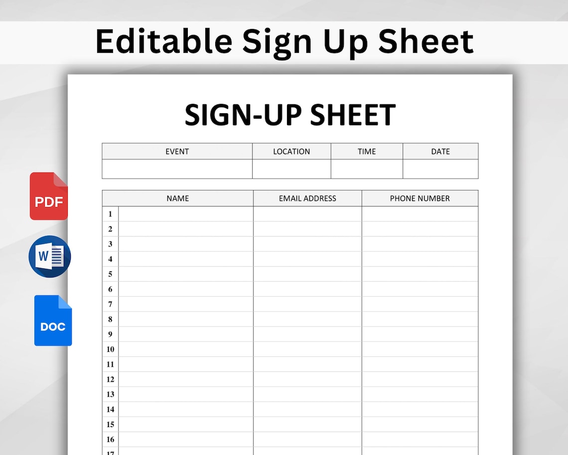 Printable Sign up Sheet. Editable Sign up Template. Event Sign Up. Sign ...