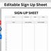 Printable Sign up Sheet. Editable Sign up Template. Event Sign Up. Sign ...