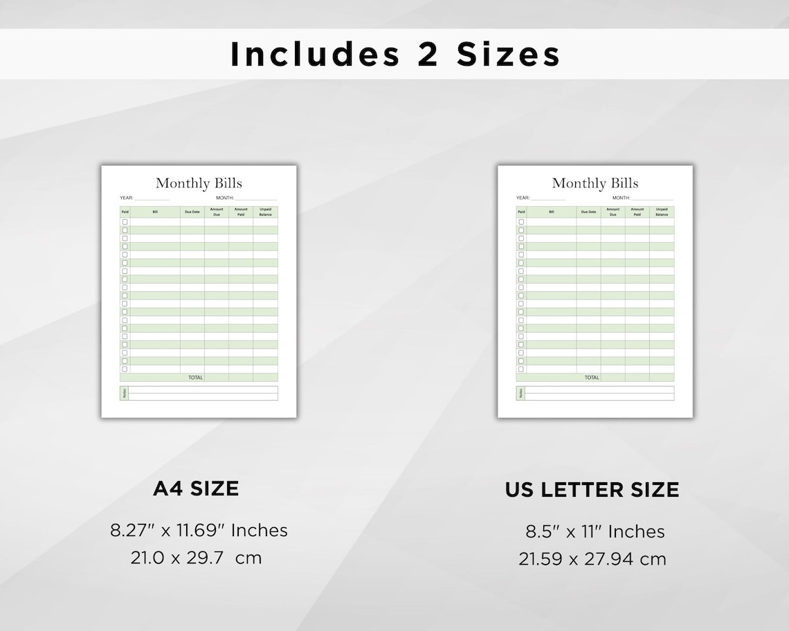 Editable Monthly Bill Log. Bill Payment Checklist Tracker. Printable ...
