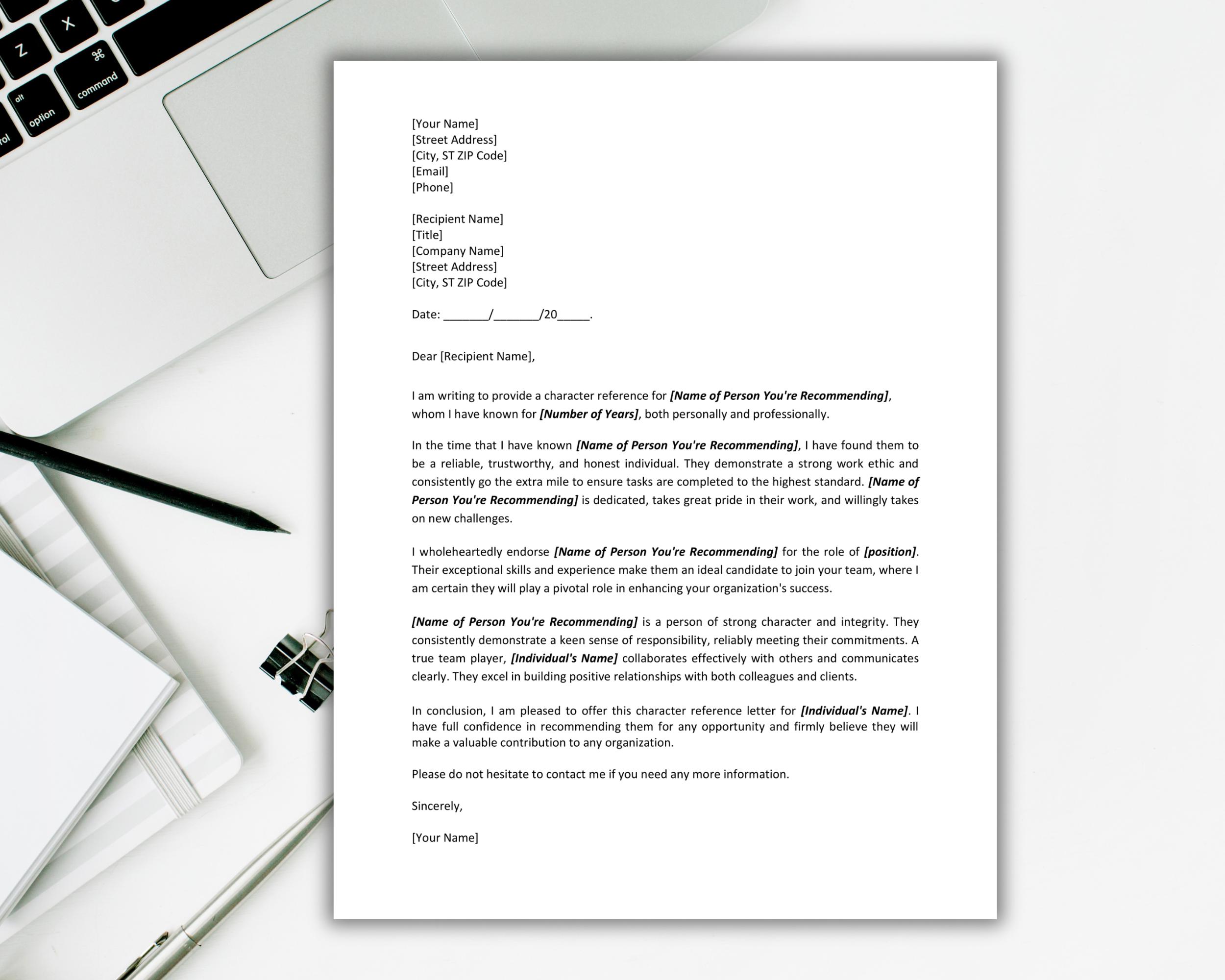 Professional Character Reference Letter Template. Printable Letter of ...