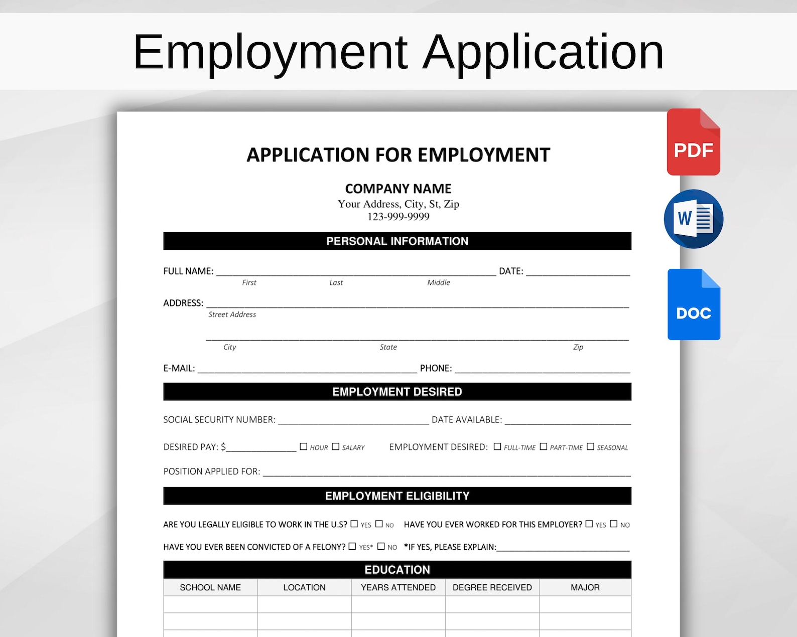 Printable Job Application Template. HR Template. Recruitment Selection ...
