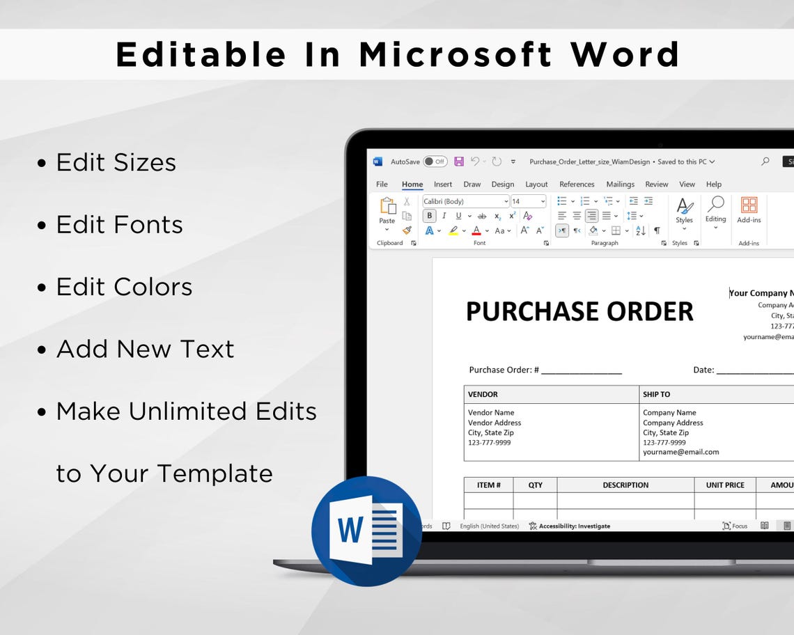 Editable Purchase Order Template | Printable PO Form for Small Business ...