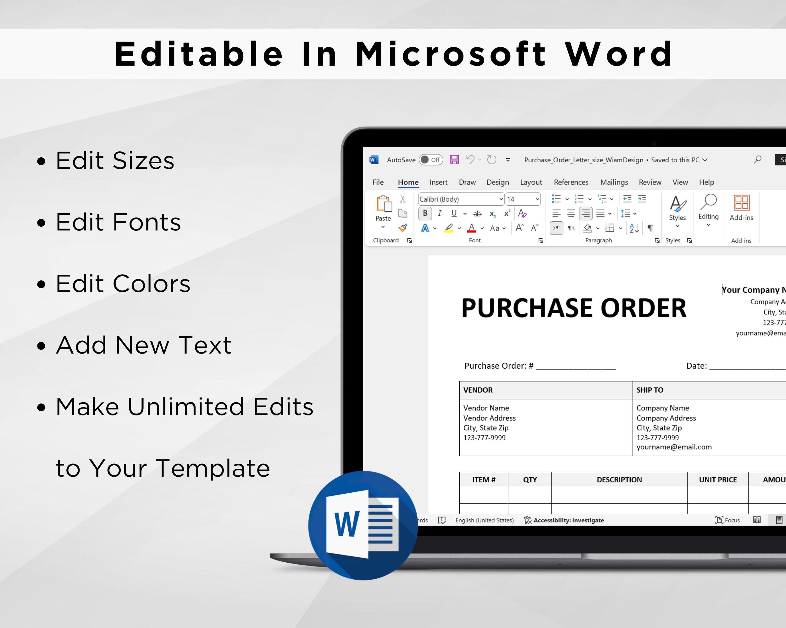 Editable Purchase Order Template | Printable PO Form for Small Business ...