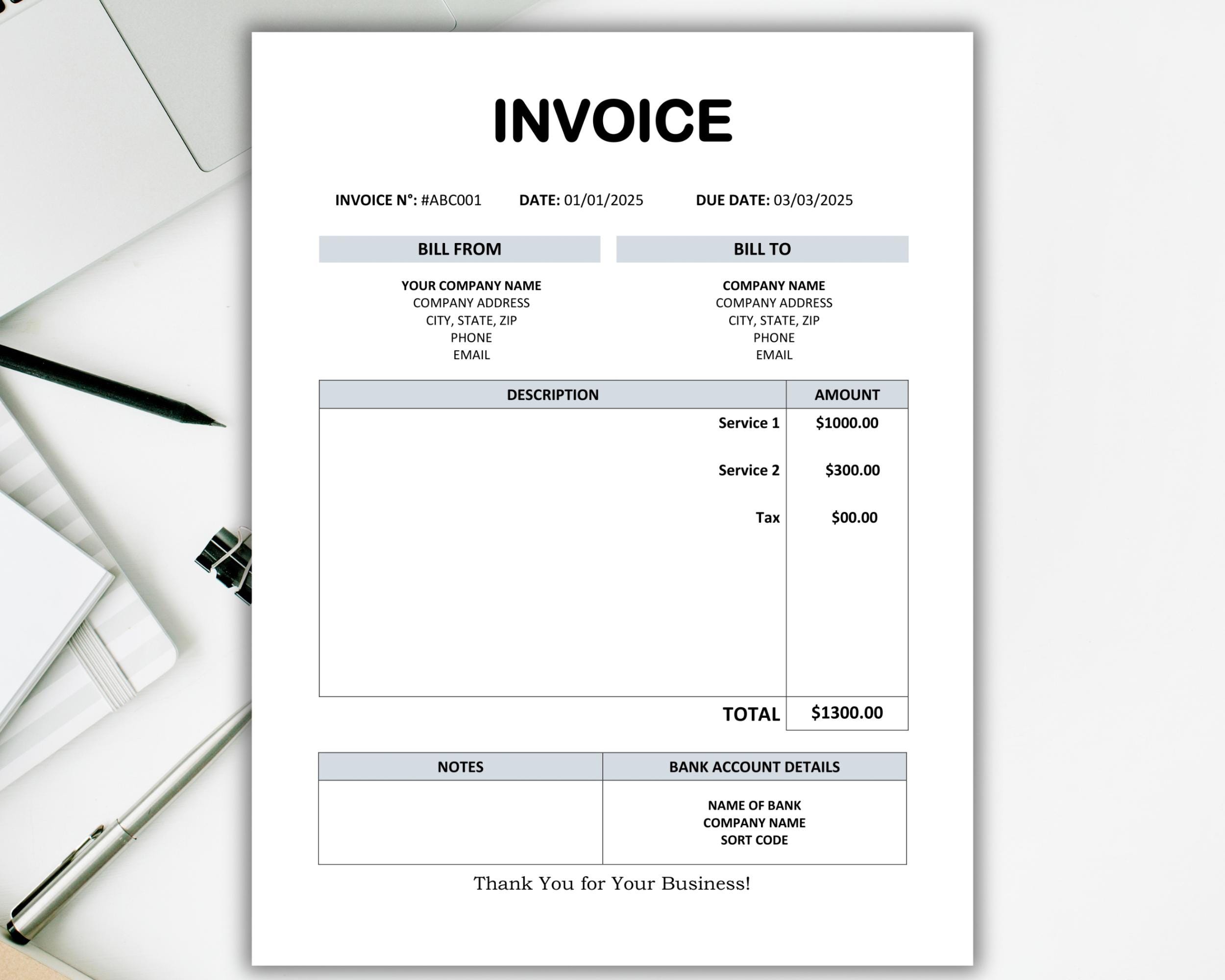 Editable Invoice Template. Printable Invoice Word. Custom Invoice Form ...