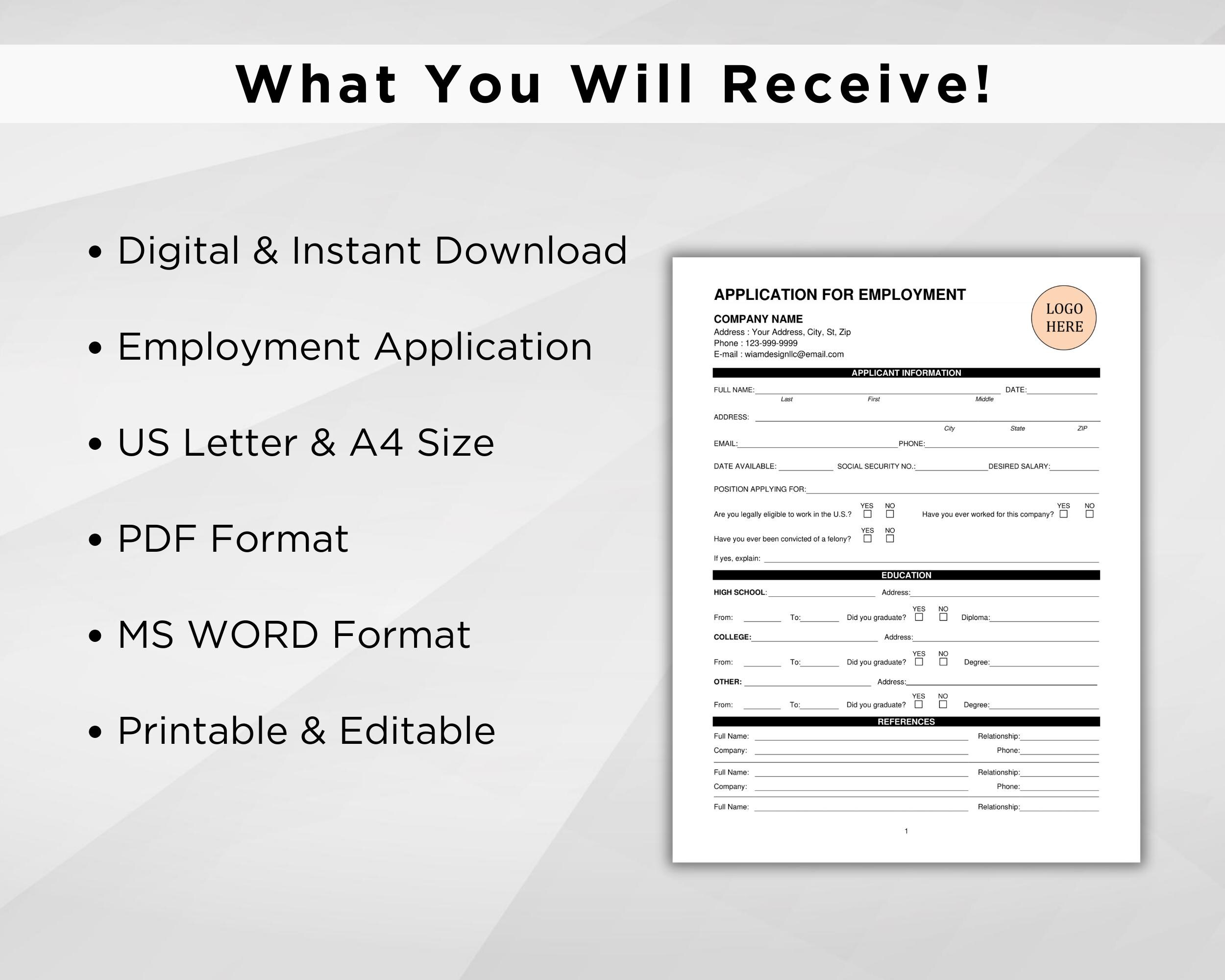 Employment Application Template. Printable HR Template. New Employee ...