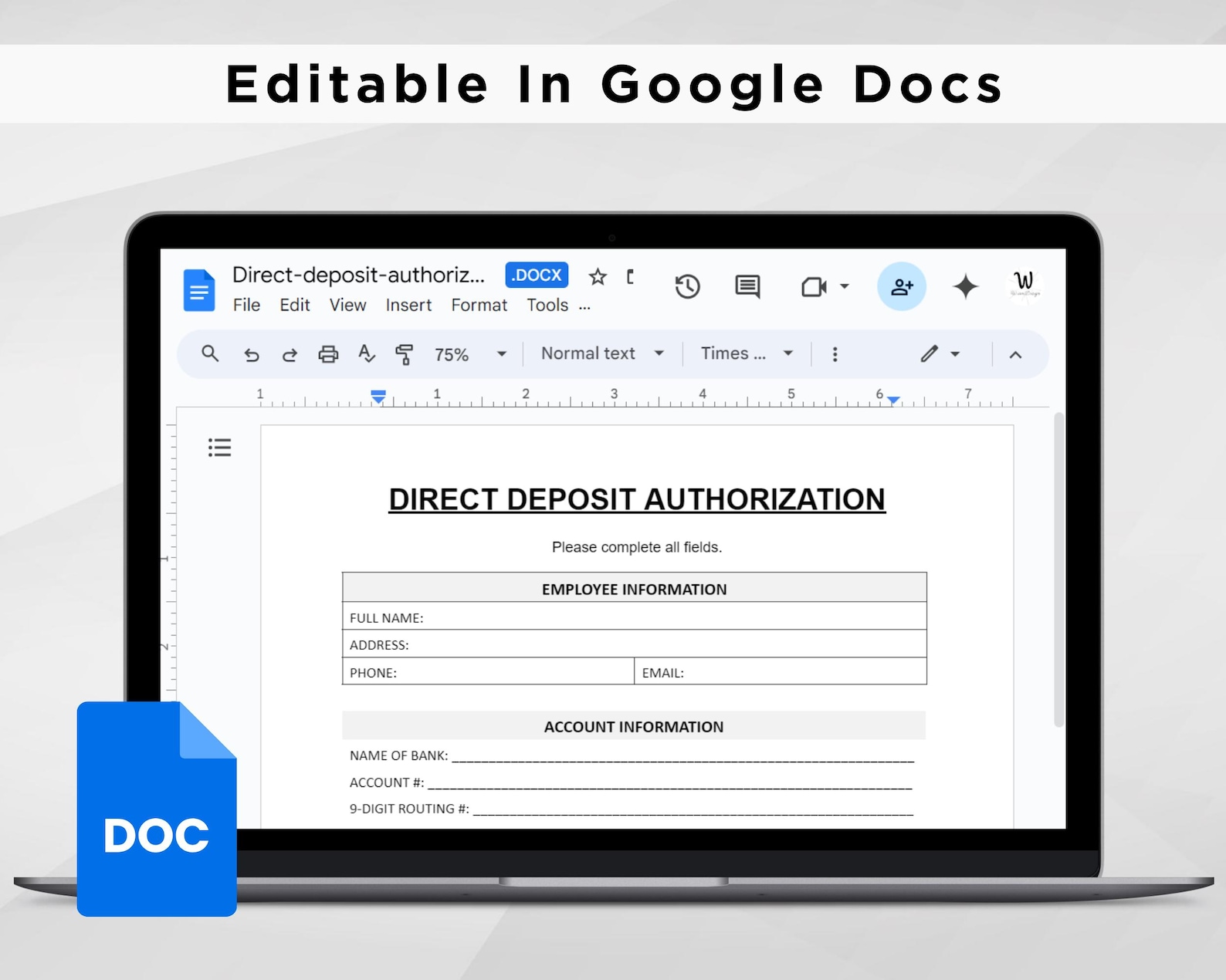 Direct Deposit Authorization. Printable Employee Direct Deposit Form ...
