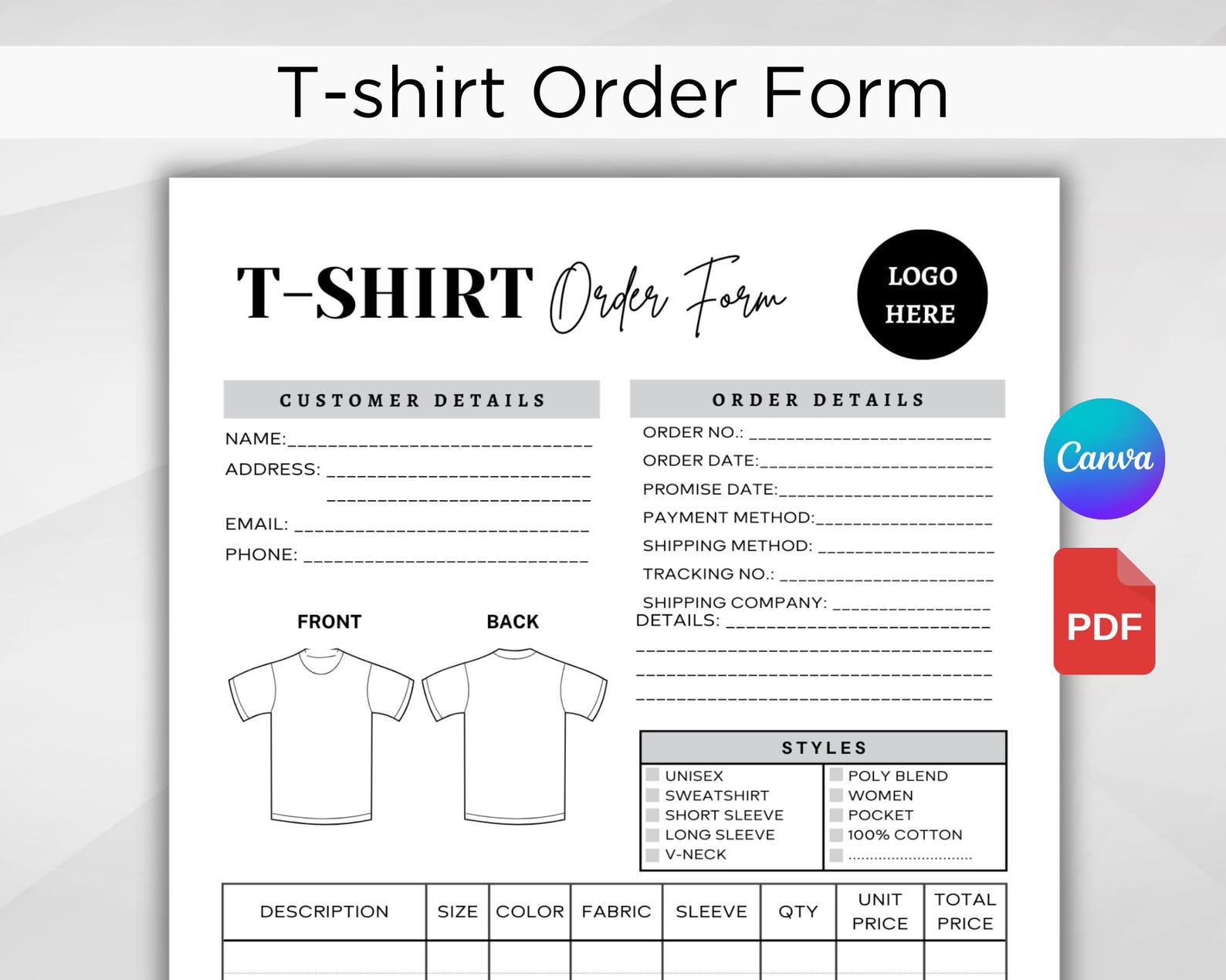 Editable T-shirt Order Form Template. Printable Small Business Order ...