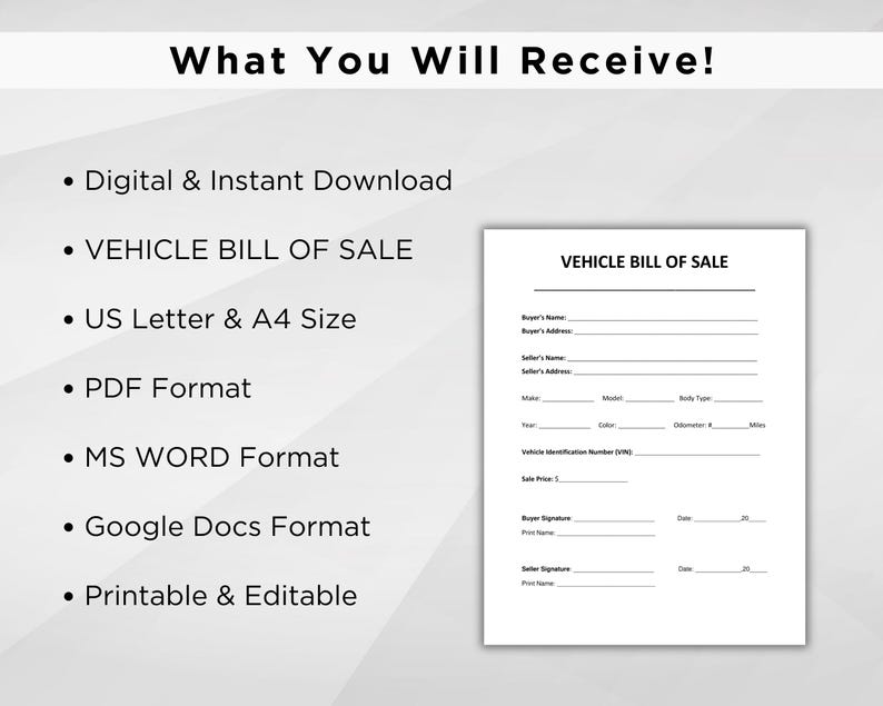 Vehicle Bill of Sale. Printable Motor Vehicle Sale Contract. Vehicle ...