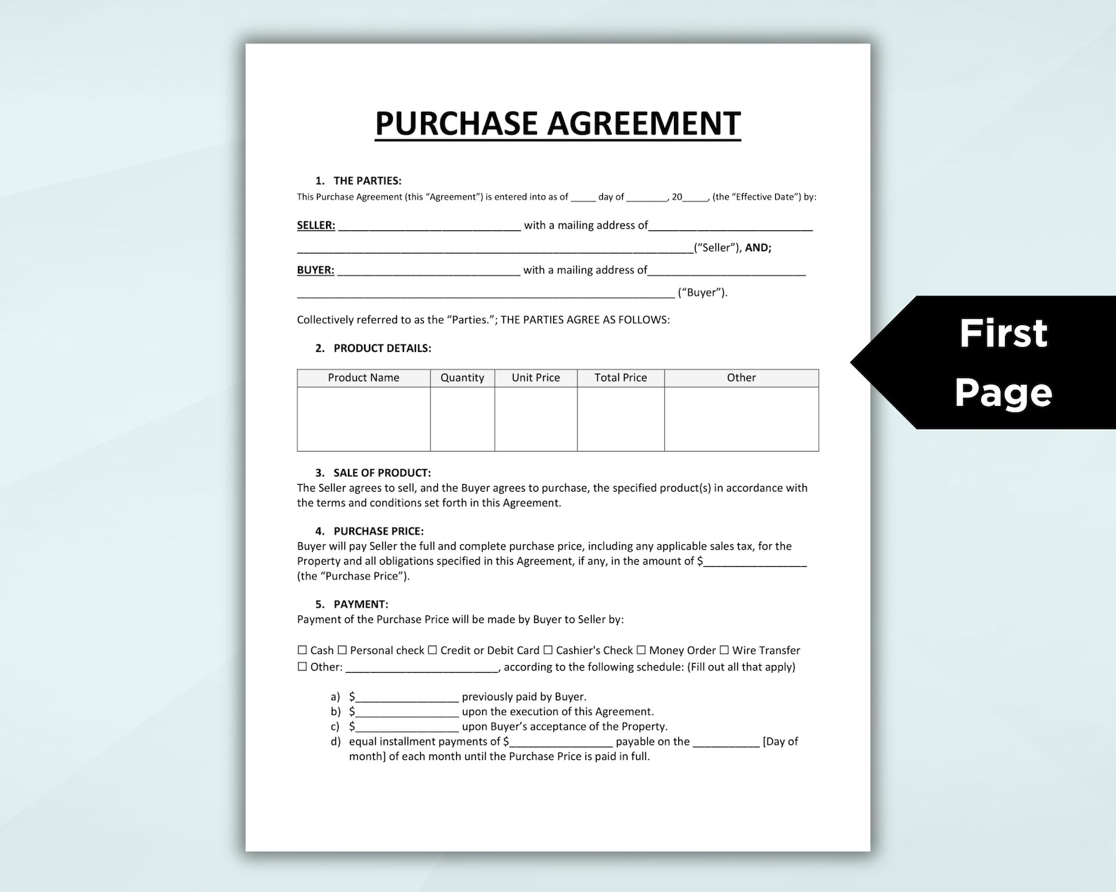 Purchase Agreement Template. Editable Property Purchase Agreement ...