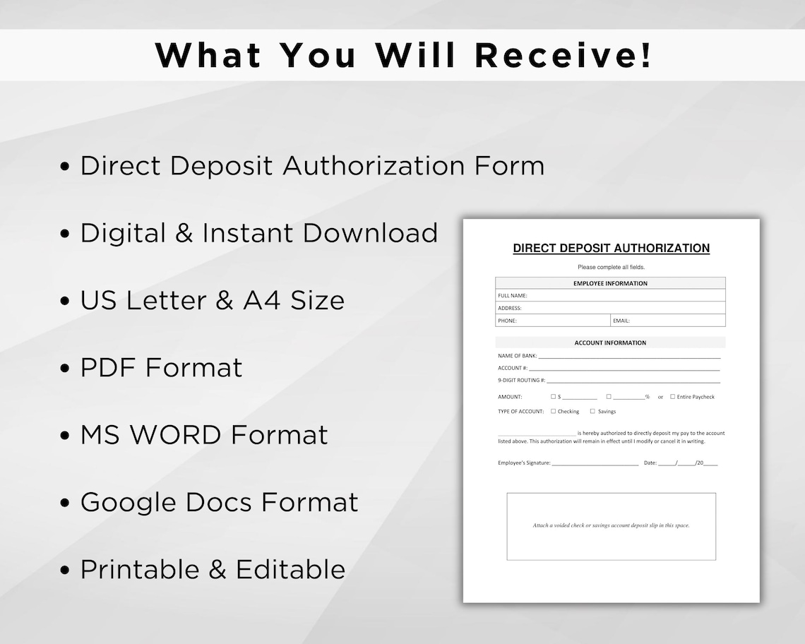 Direct Deposit Authorization. Printable Employee Direct Deposit Form ...