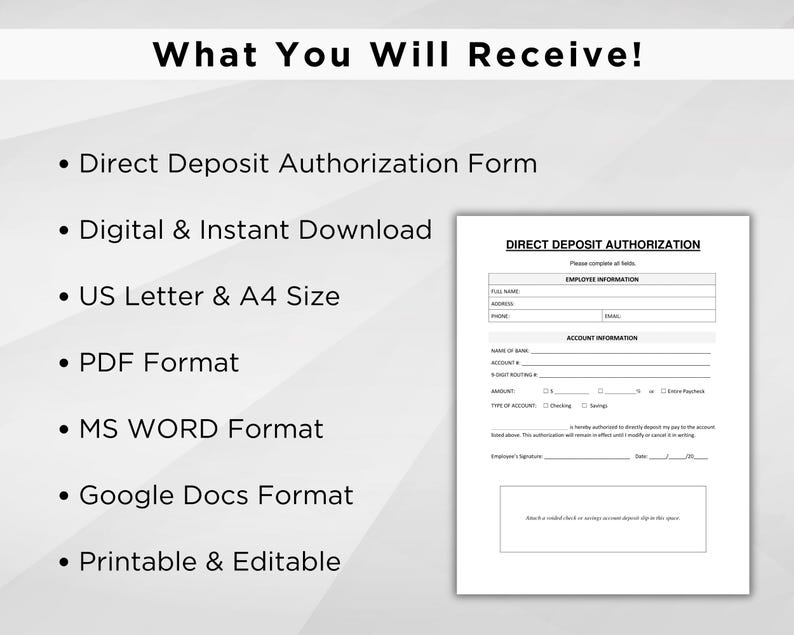 Direct Deposit Authorization. Printable Employee Direct Deposit Form ...