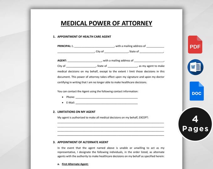 Medical Power of Attorney Form. Printable Medical Power of Attorney Template. Health Care Power ...