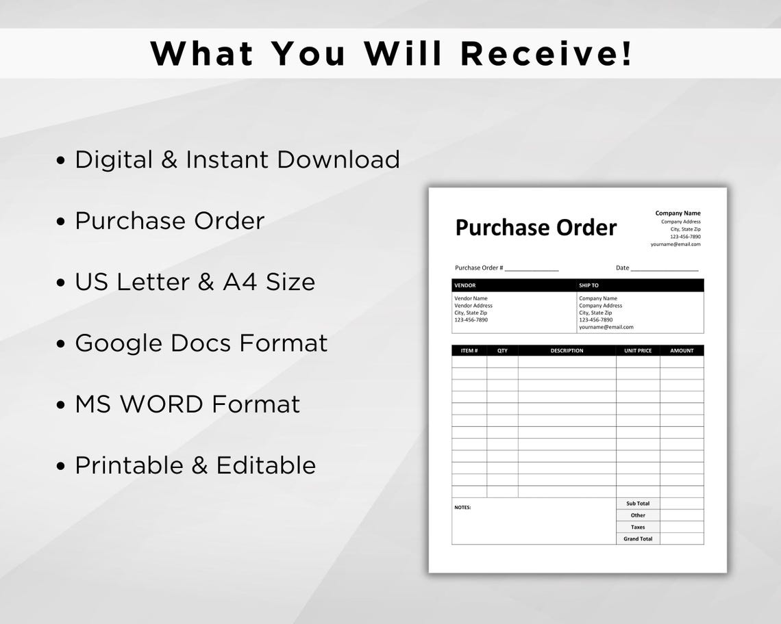 Editable Purchase Order Template. Printable Purchase Order Form. Order Sheet. Google Docs & MS ...