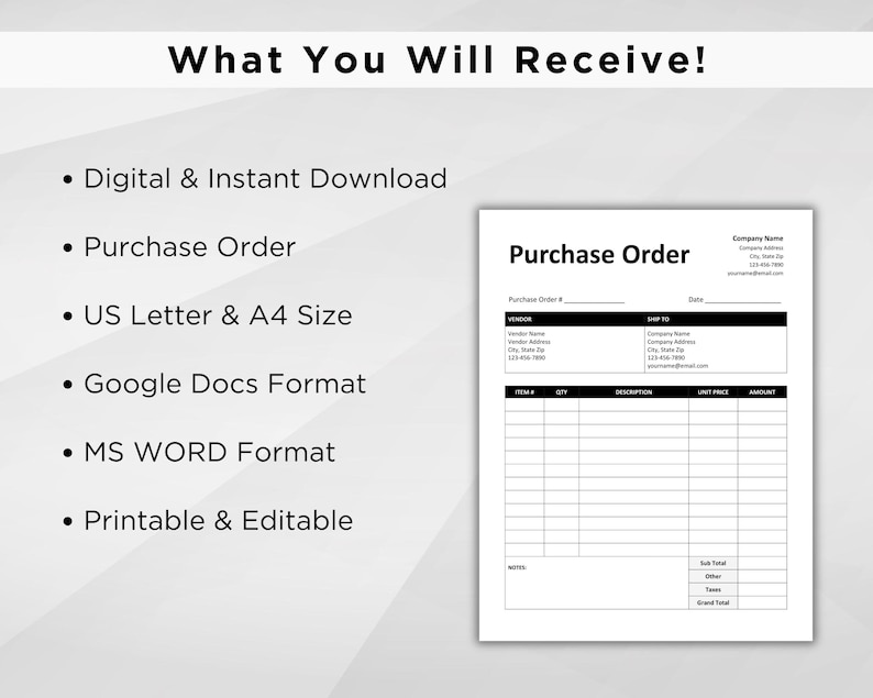 Editable Purchase Order Template. Printable Purchase Order Form. Order ...