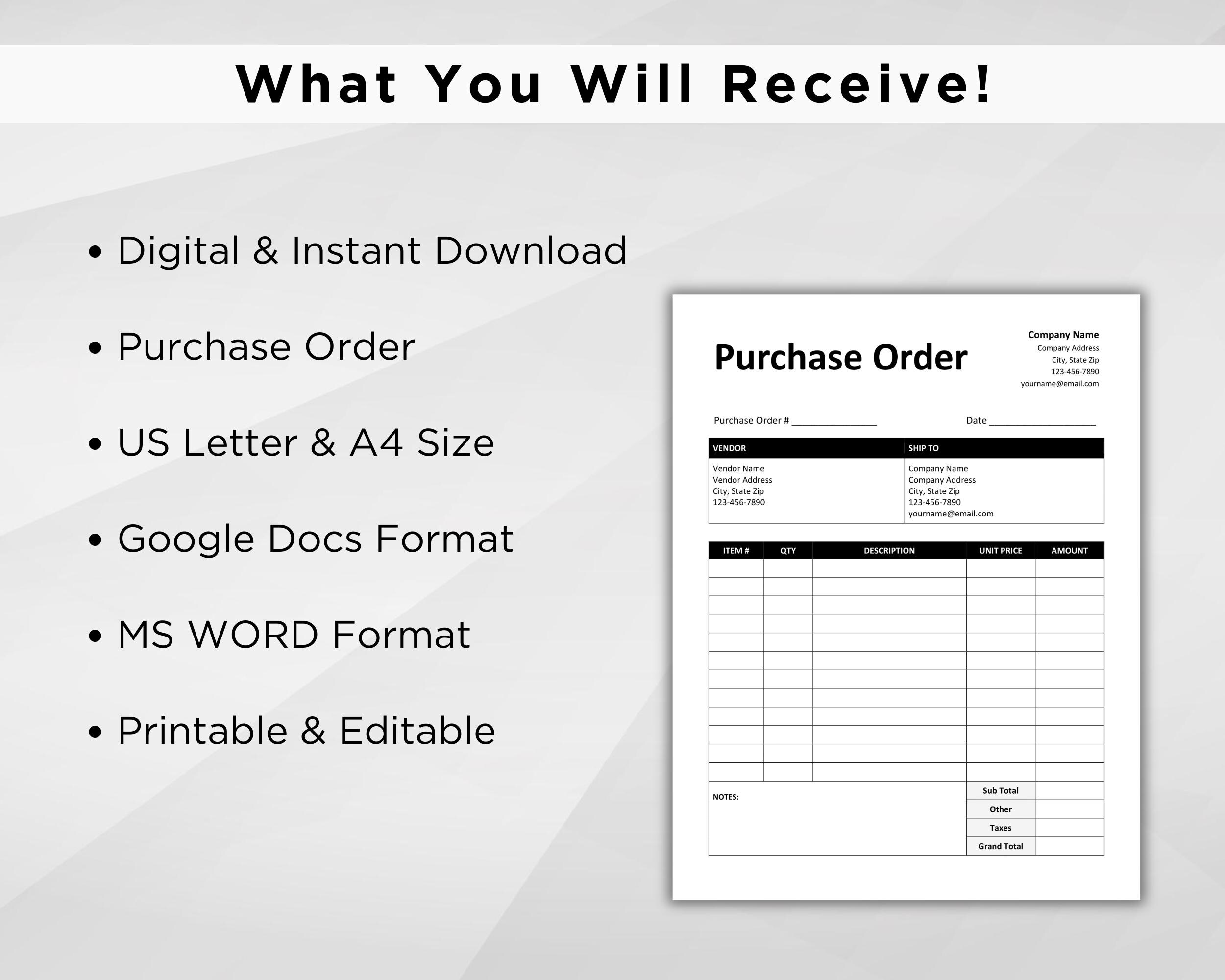 Editable Purchase Order Template. Printable Purchase Order Form. Order ...