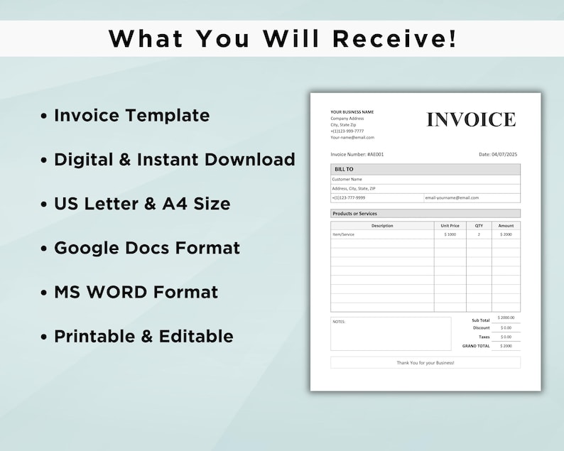 Invoice Template. Custom Invoice. Printable Invoice Form. Customizable ...
