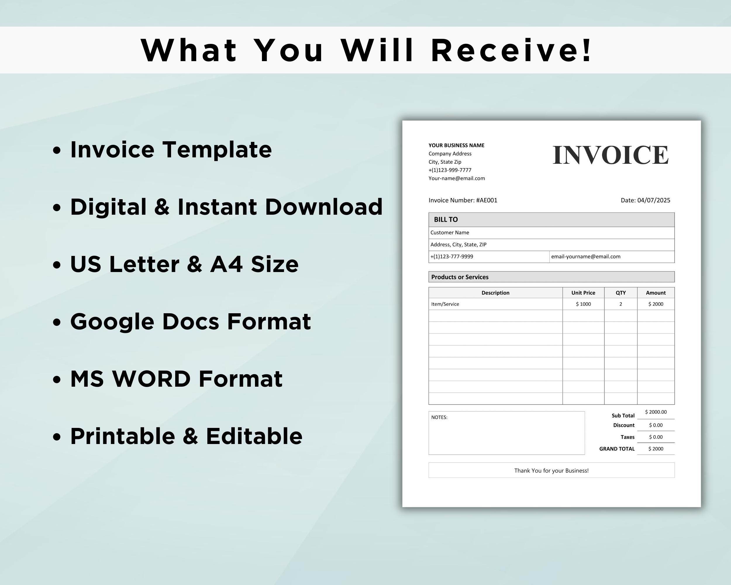 Invoice Template. Custom Invoice. Printable Invoice Form. Customizable ...