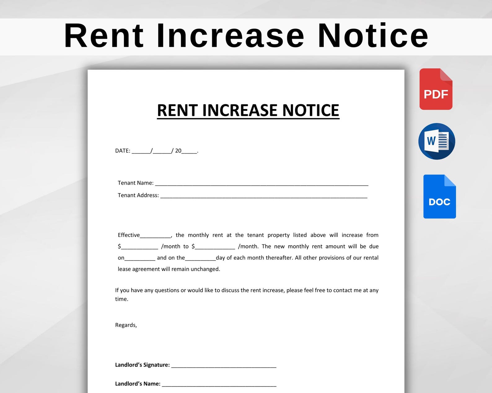 Printable Rental Increase Notice. Rental Increase Form. Rental Increase ...