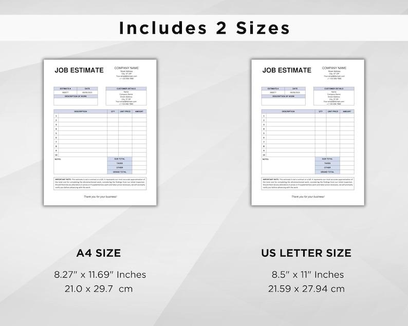 Job Estimate Template Printable. Estimate Form for Small Business ...