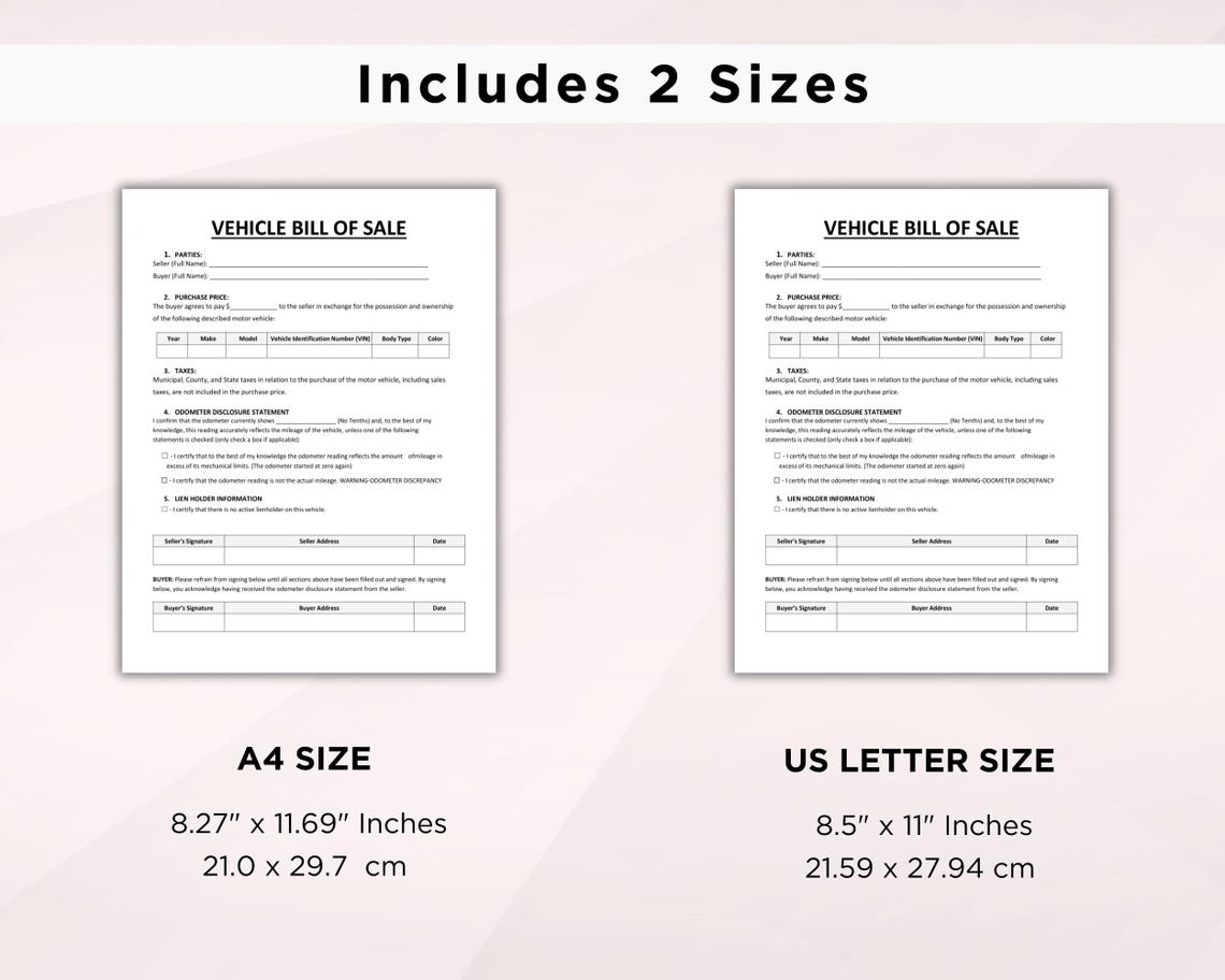 Vehicle Bill of Sale Template. Printable Car Sale Form. Bill of Sale ...