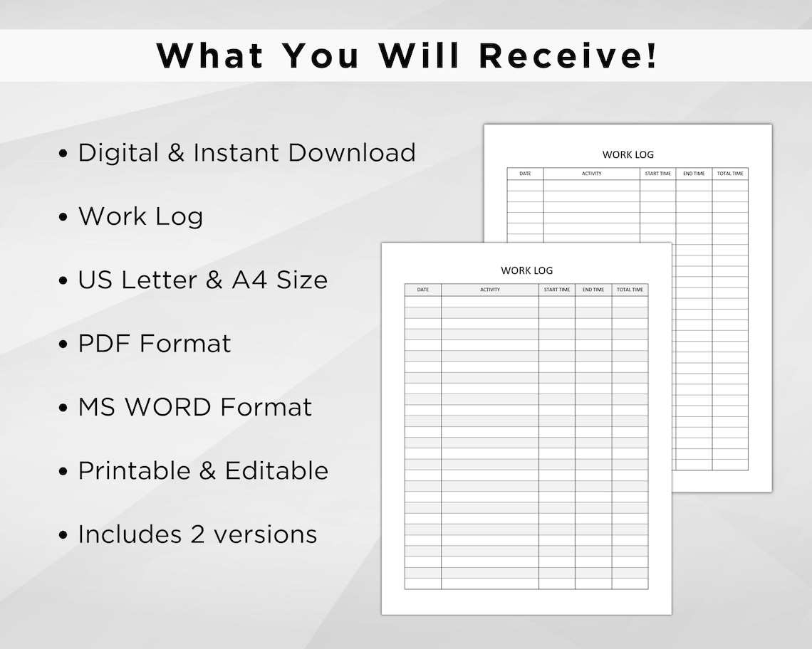 Work Log Printable. Time Sheet Log. Time Tracker. Working Hours Log ...