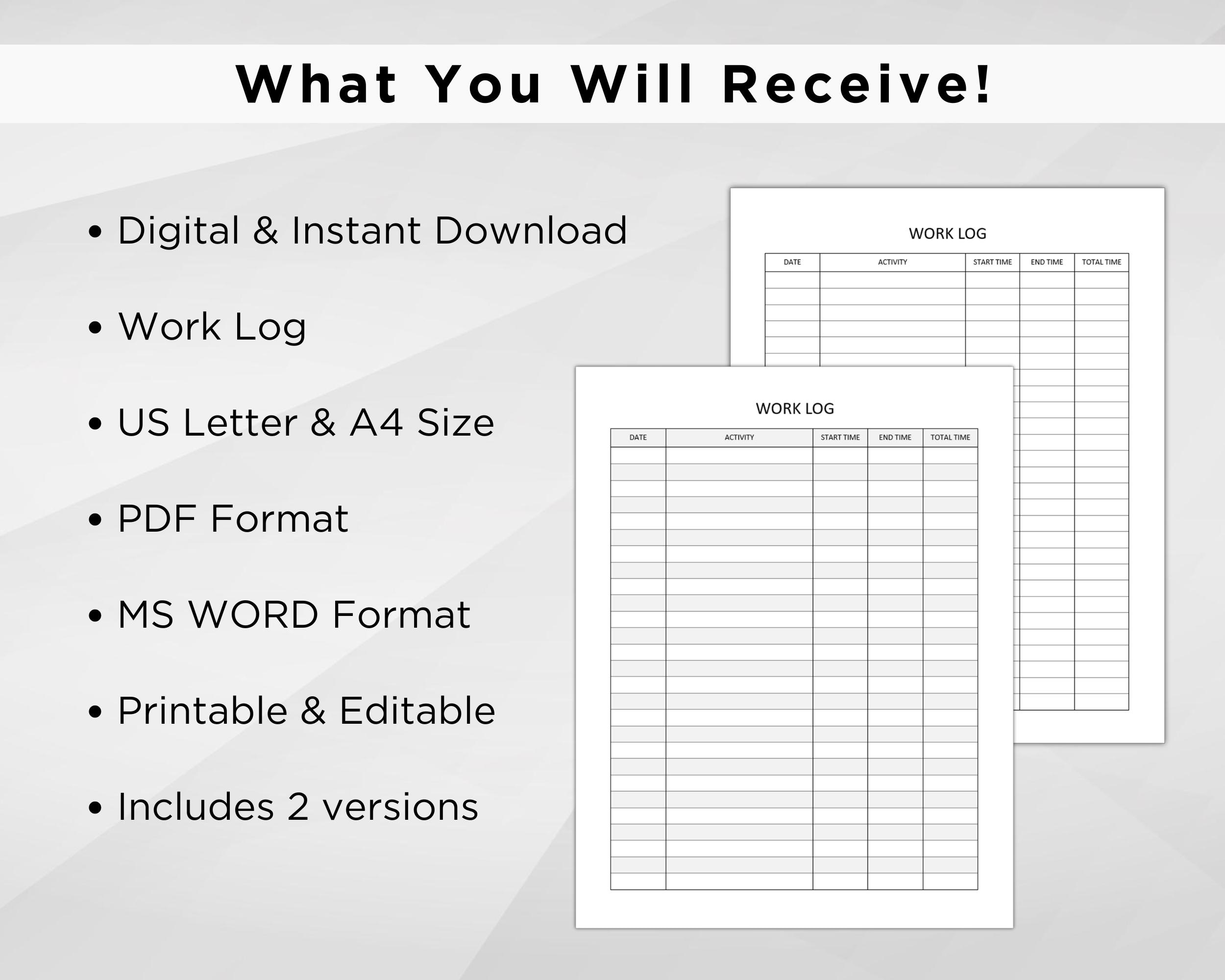 Work Log Printable. Time Sheet Log. Time Tracker. Working Hours Log ...