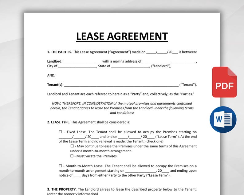 Editable Rental Agreement Template. Printable Lease Agreement. Residential Housing Agreement ...