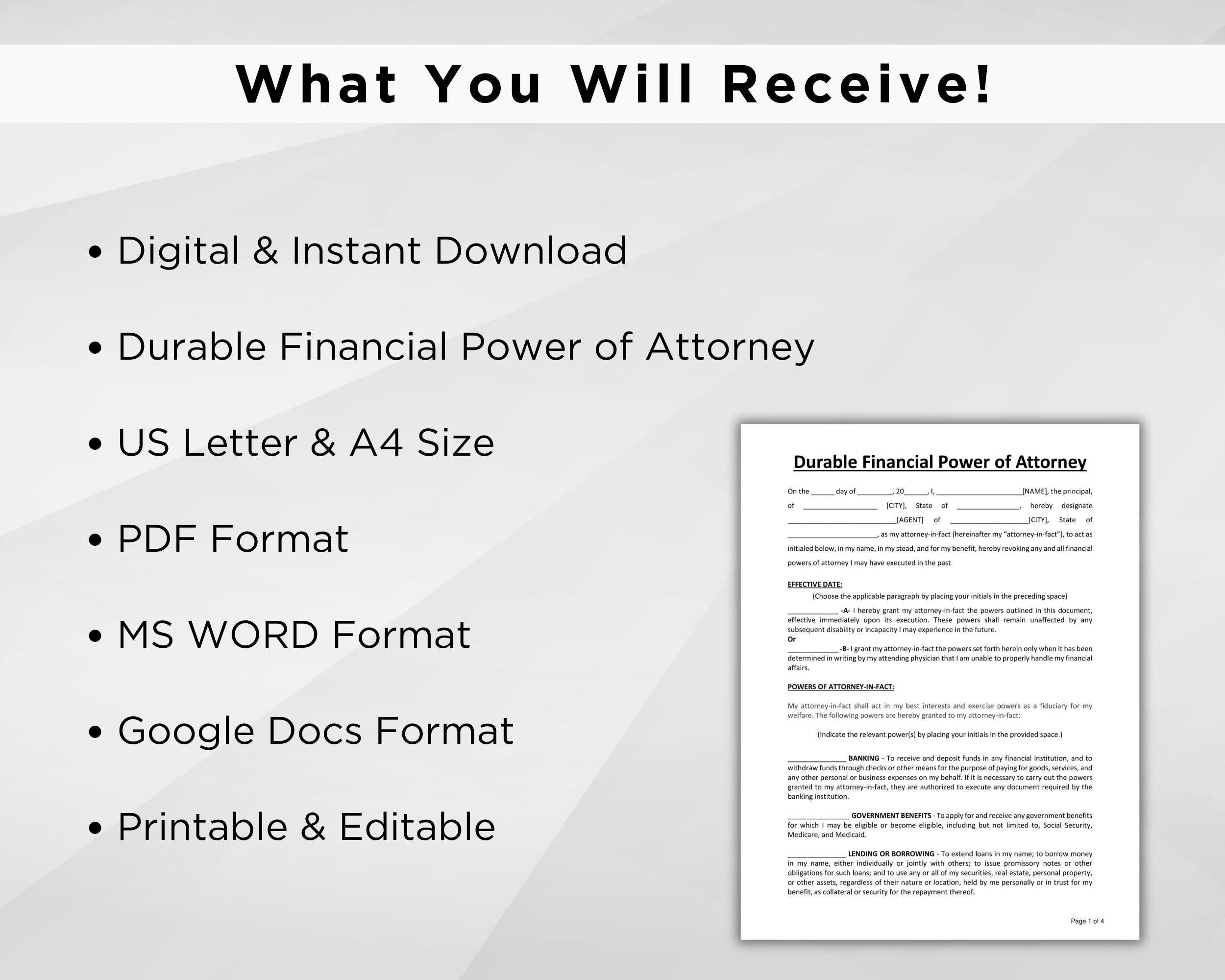 Durable Financial Power of Attorney Template. Printable POA Form ...
