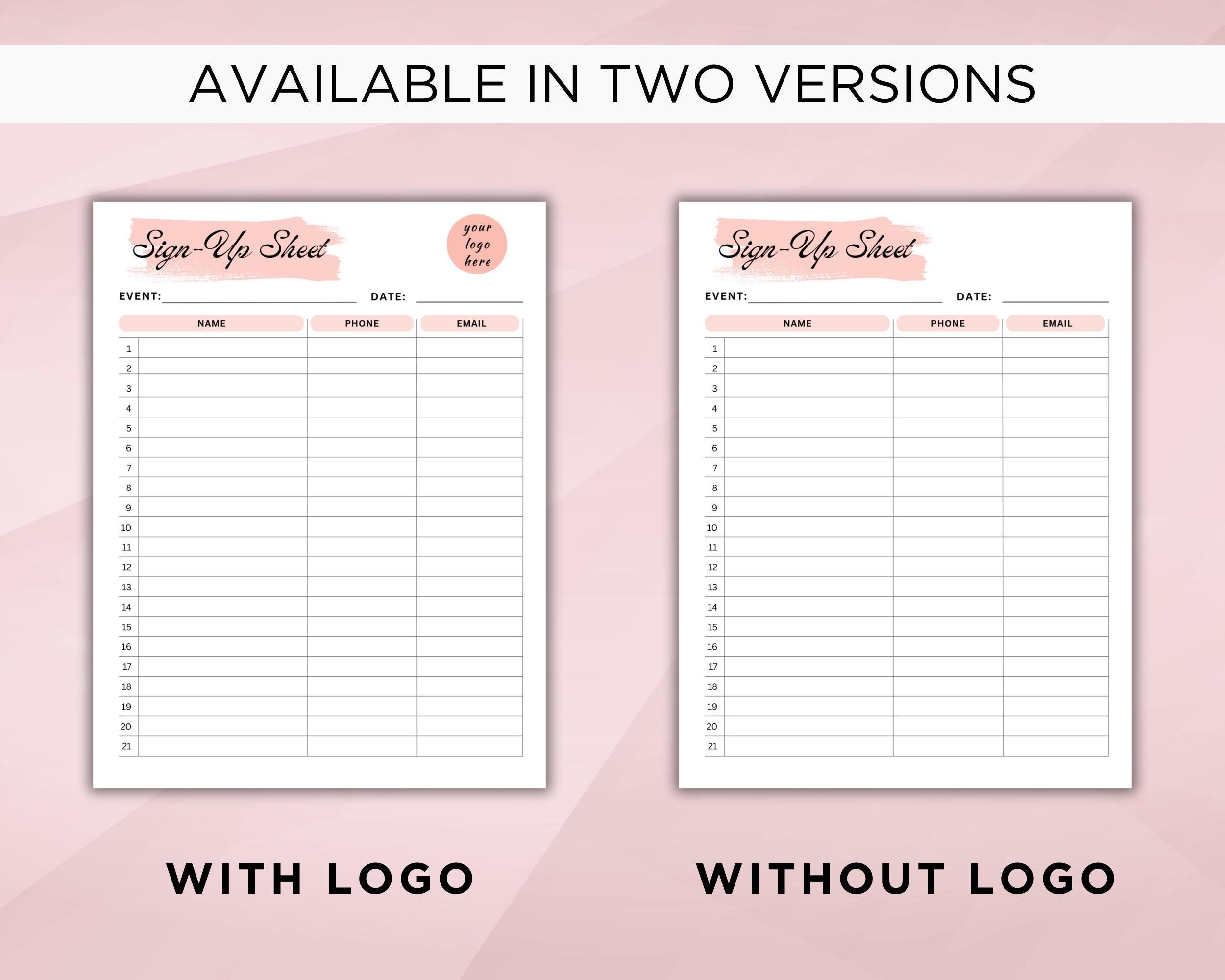 Editable Sign up Sheet Template. Printable Sign up Template. Sign up ...