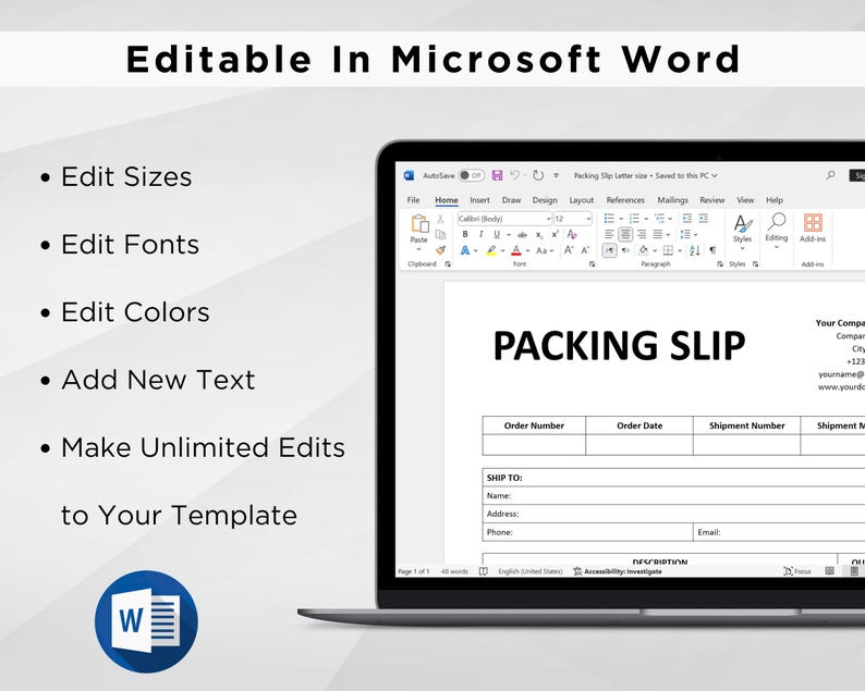Editable Packing Slip Template. Customer Packing Slip. Printable ...